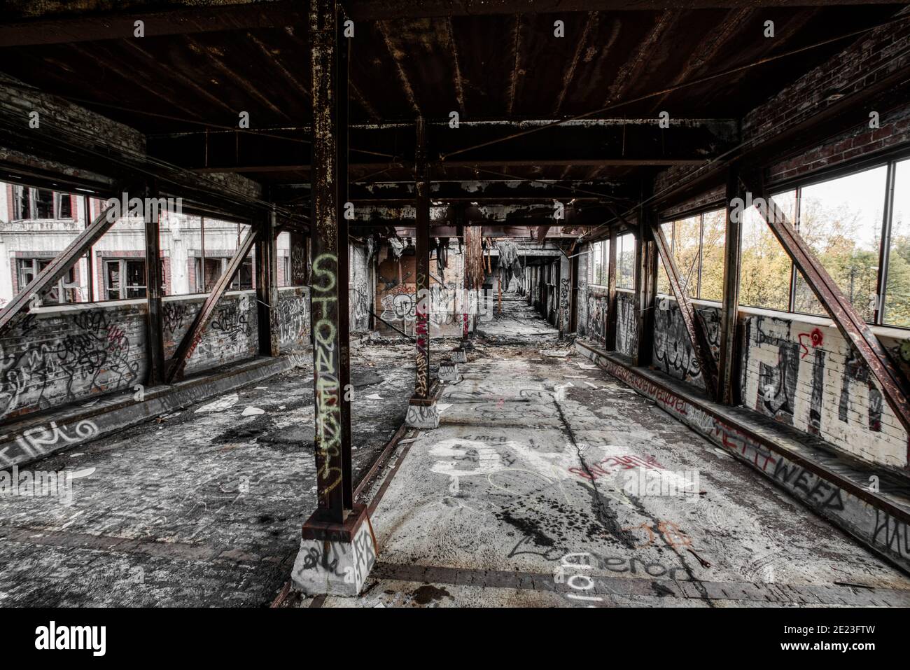 Abandoned factory causeway of the Packard Plant in Detroit, Michigan ...