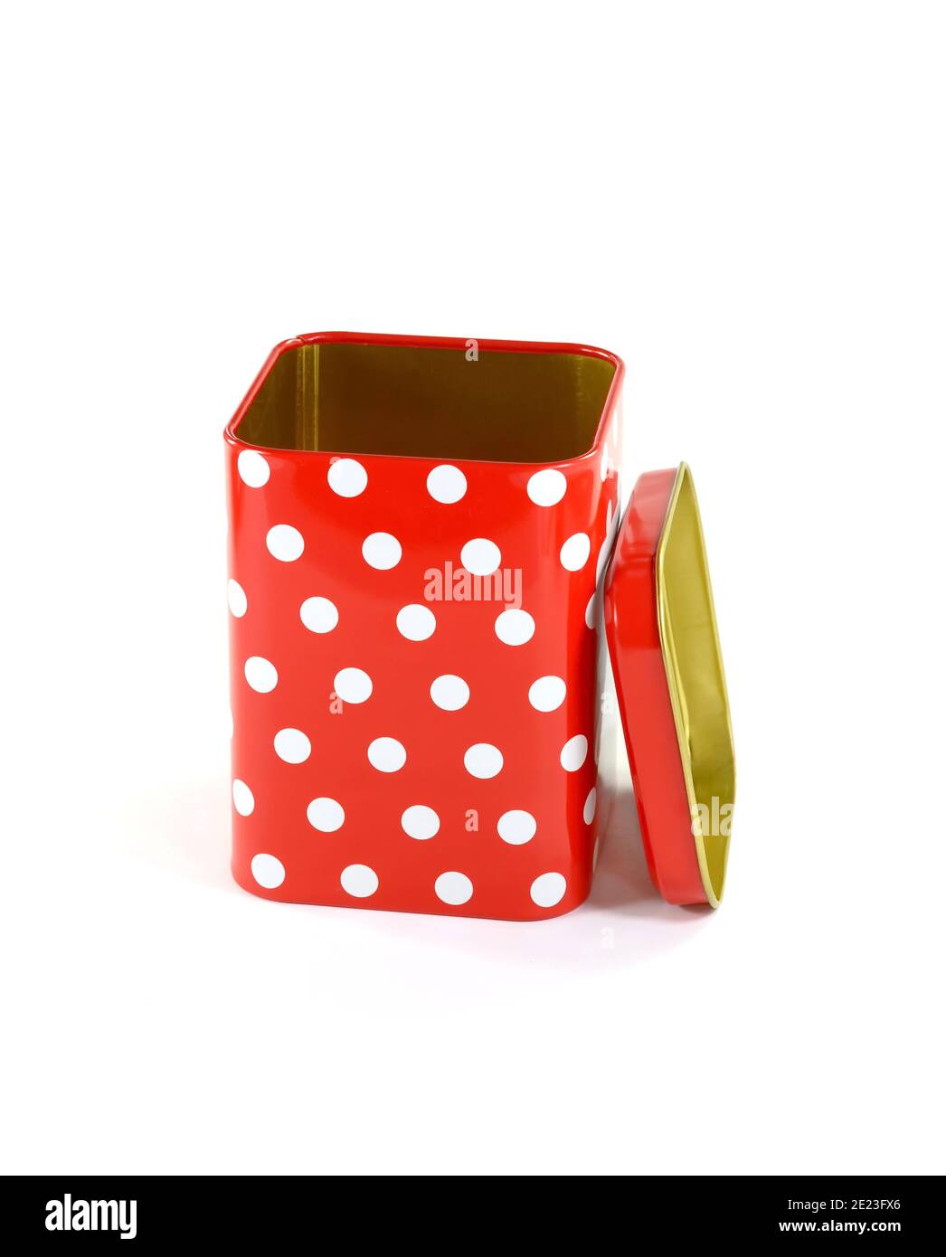 Empry Red metalic box with white dots and cover isolated on white ...