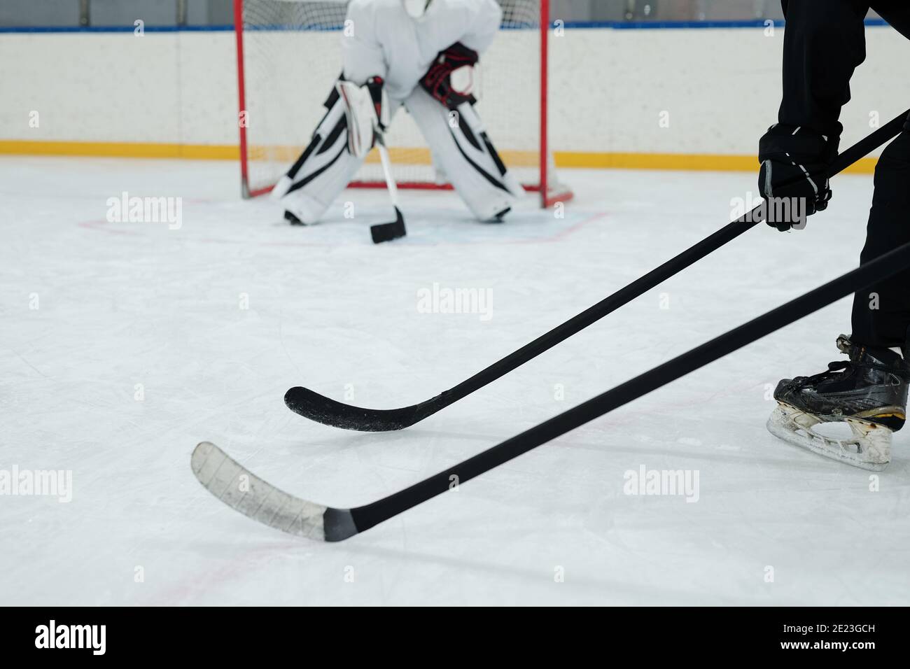 Hockey sticks held by two players in skates, gloves and sports uniform ...