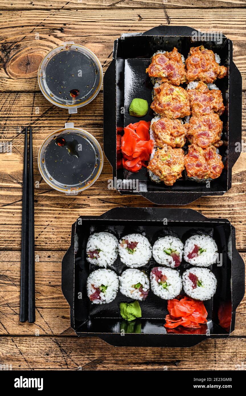 Japanese restaurant food in take away, set delivery box. Wooden ...