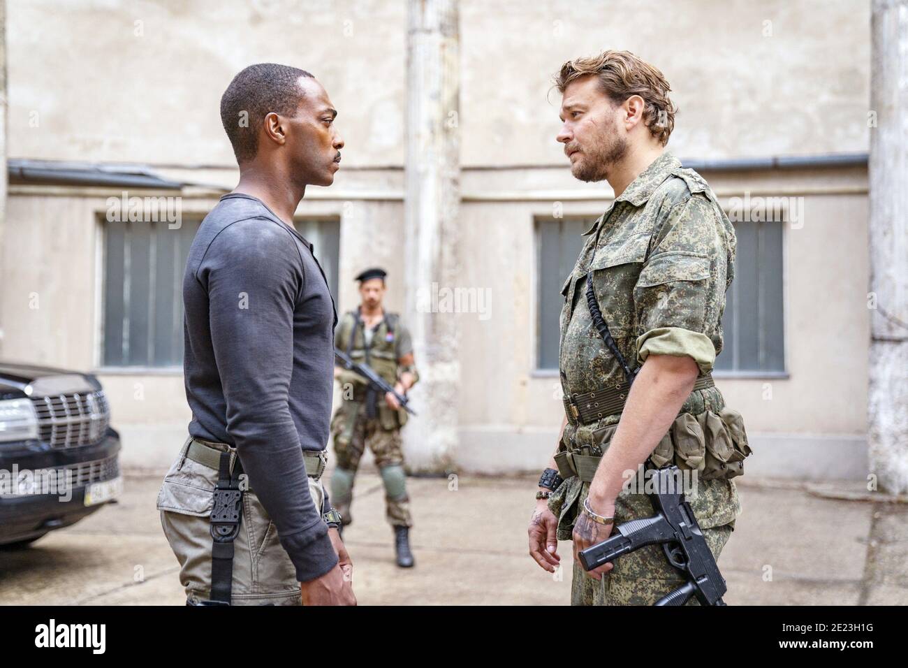 OUTSIDE THE WIRE, from left: Anthony Mackie, Pilou Asbaek, 2021. ph ...