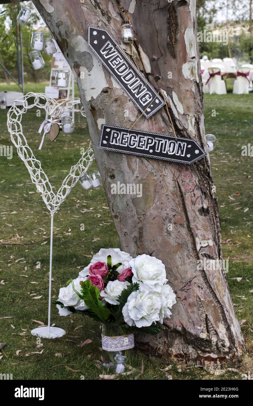 Vertical shot of the tree with the phrase "WEDDING RECEPTION Stock ...