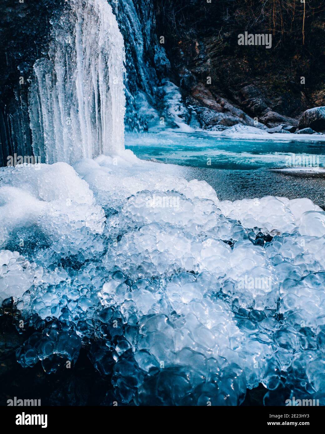 Ice formation. Details of blue ice texture, frozen water, closeup view ...