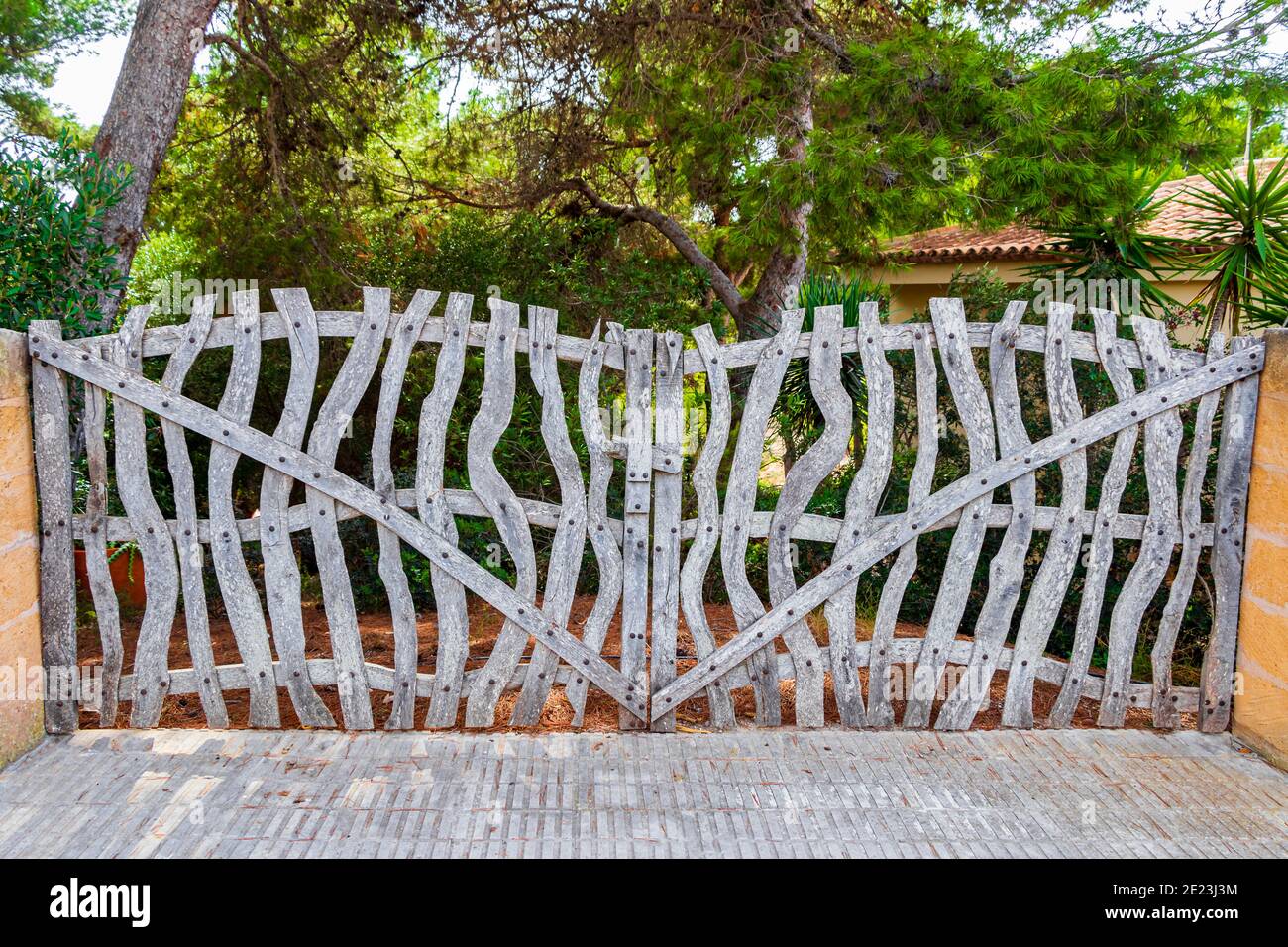 Rustic fence gate made of wood in Santanyí Mallorca, Spain Stock Photo ...