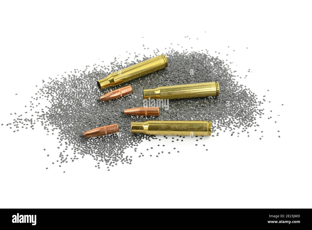 A rifle bullet, empty shell, gunpowder on white background. Hunting ...