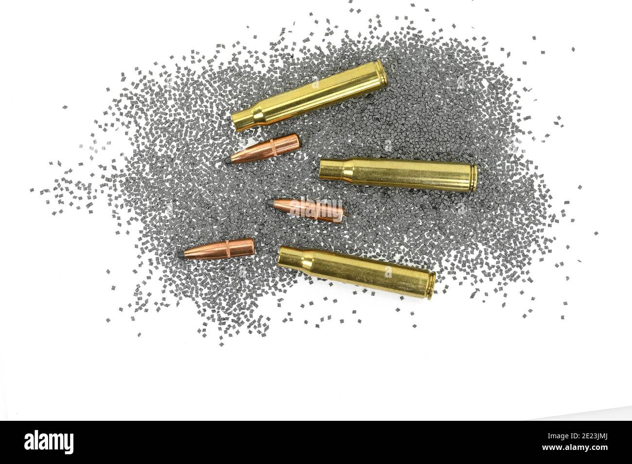 A rifle bullet, empty shell, gunpowder on white background. Hunting ...