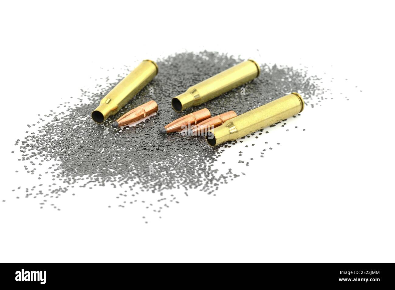 A rifle bullet, empty shell, gunpowder on white background. Hunting ...