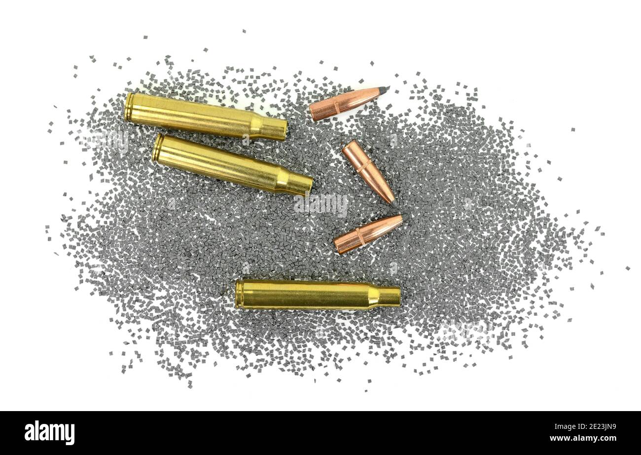 A rifle bullet, empty shell, gunpowder on white background. Hunting ...