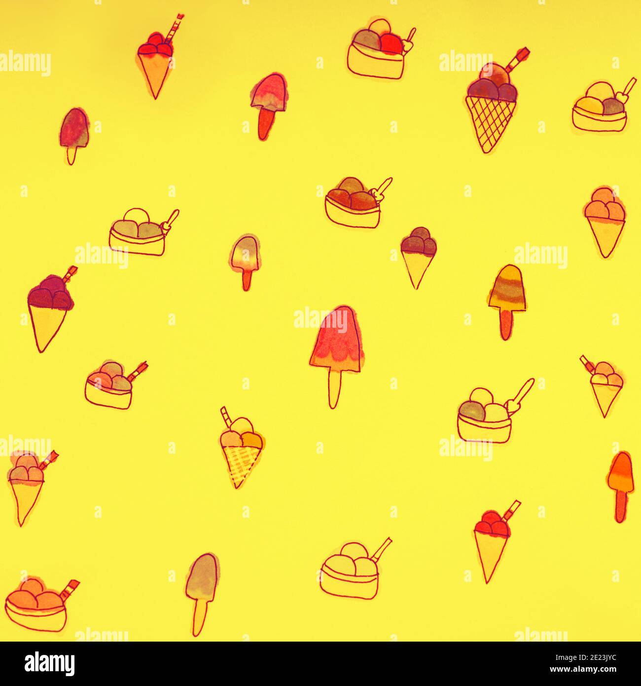 Illustration, child's drawing of ice cream. Background of multicolored ...