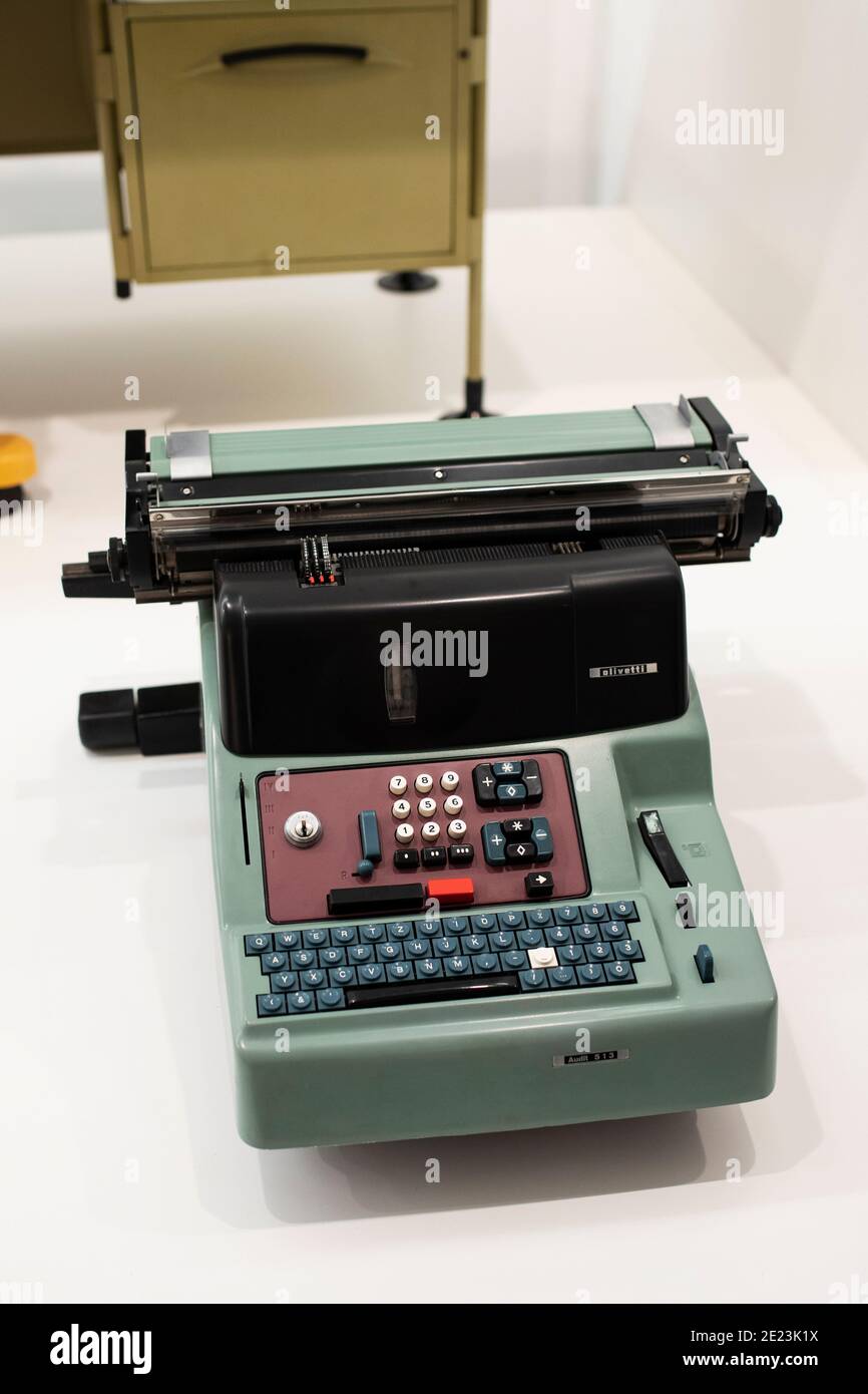 The Olivetti Audit 513 adding machine from 1959, on display at the Pinakothek der Moderne in ...