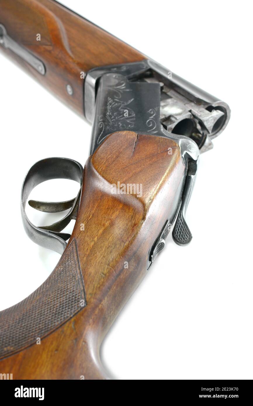 detail of the breech of a classic vertical over-under double barreled ...