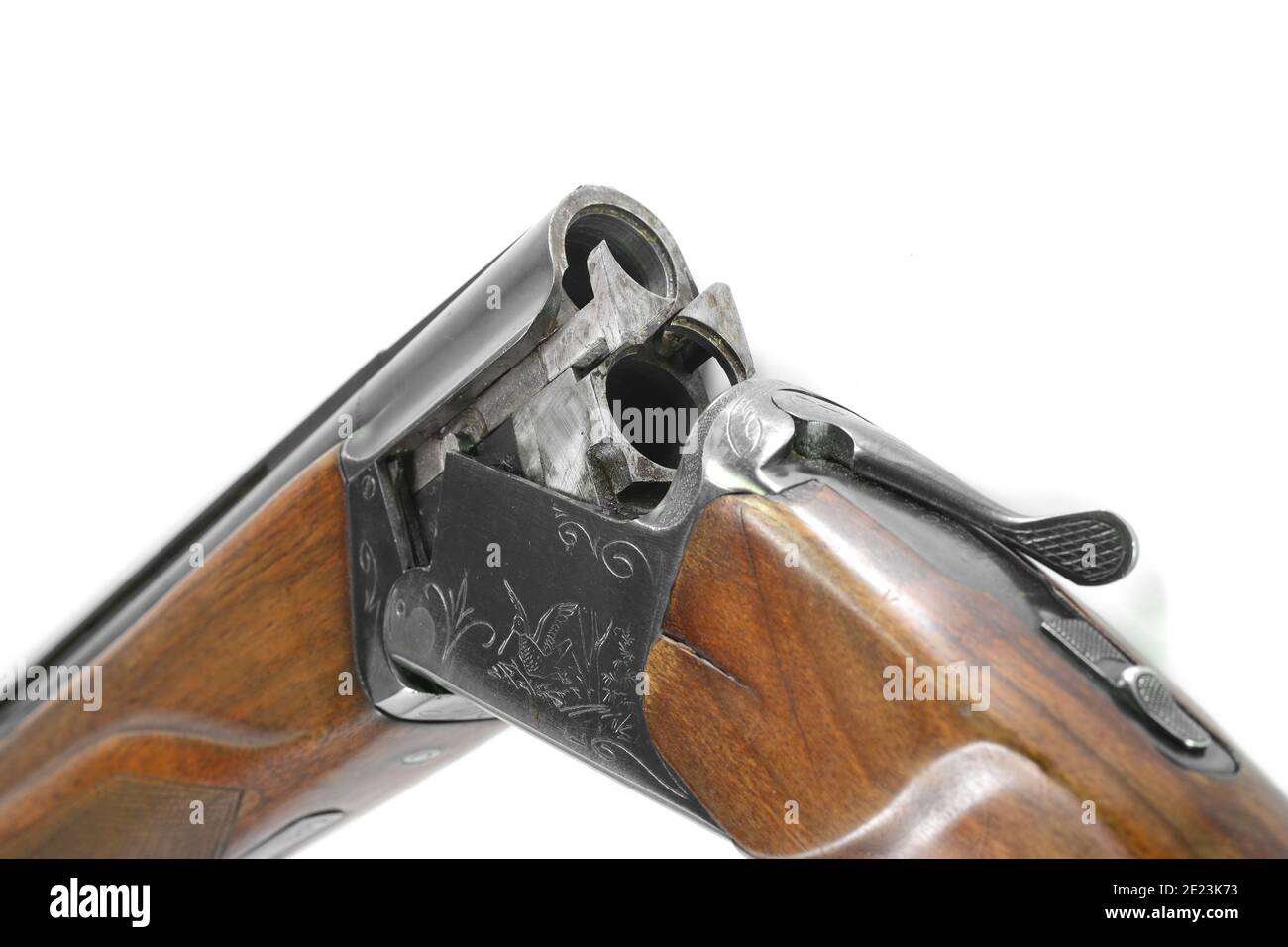 detail of the breech of a classic vertical over-under double barreled ...