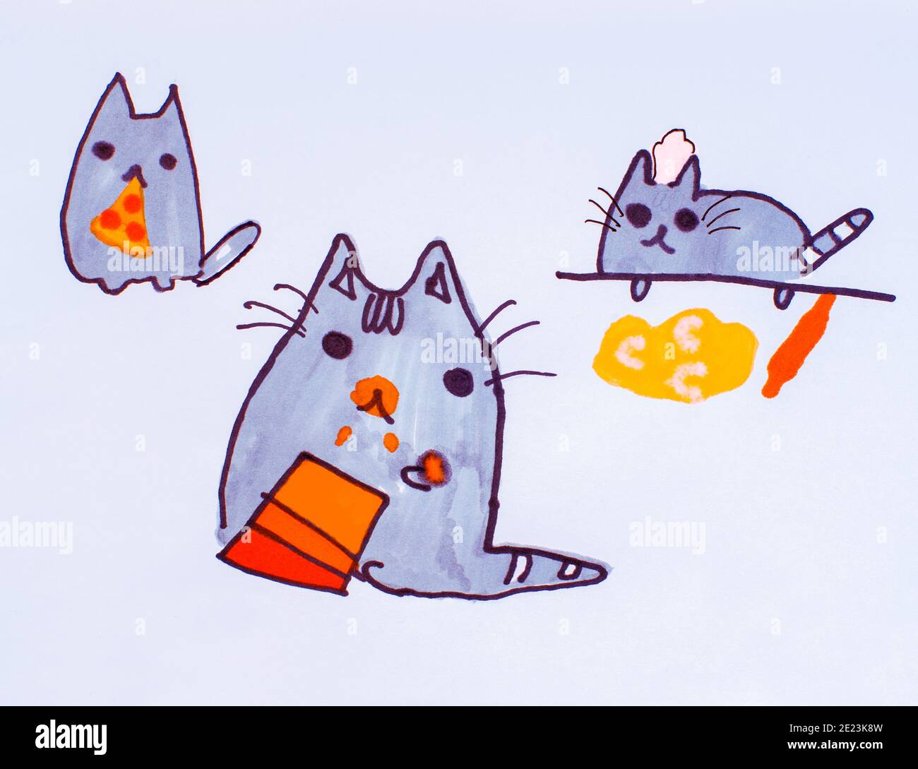 Illustration, child's drawing of cats.Background of cartoon cats.Close ...