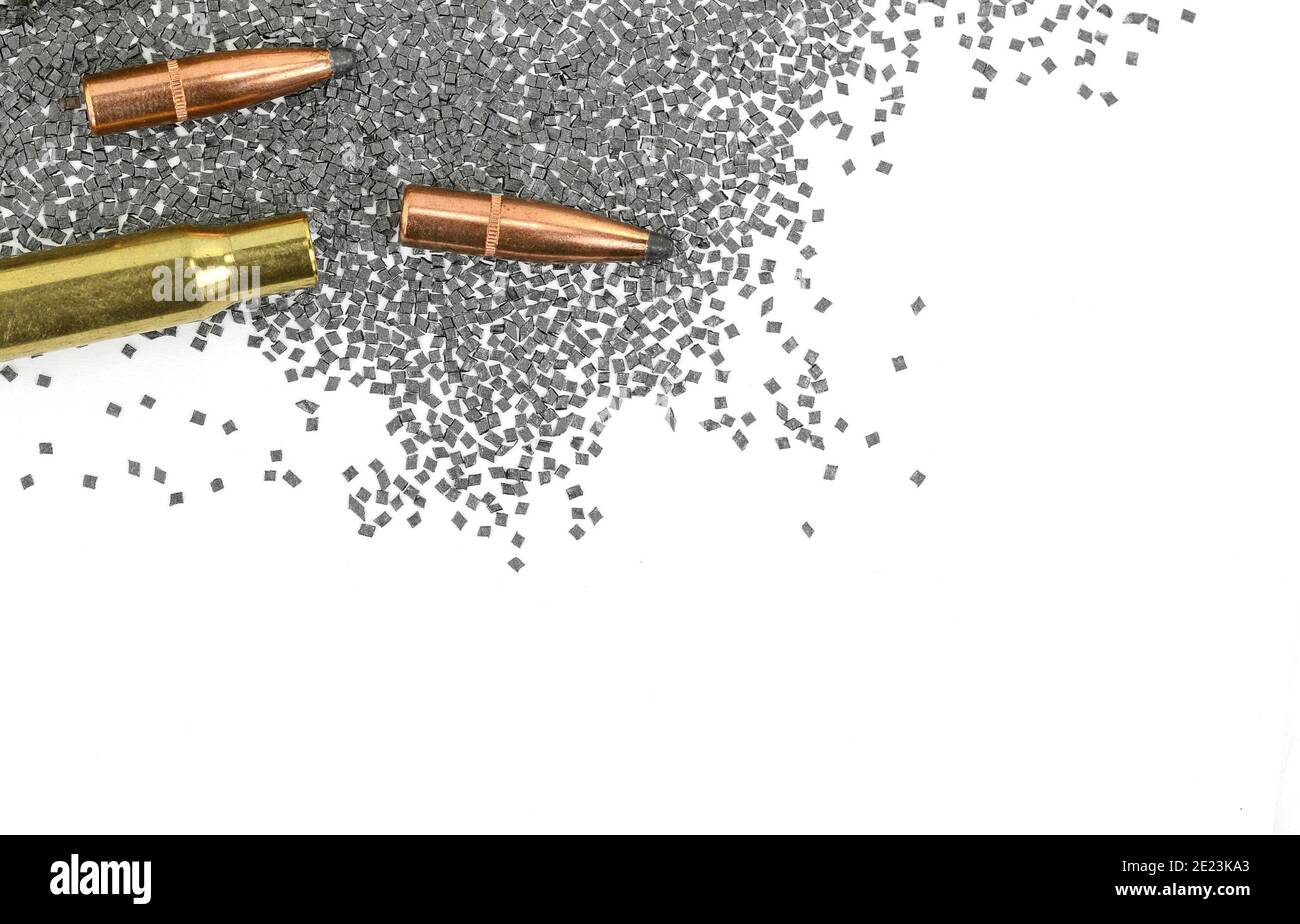 A rifle bullet, empty shell, gunpowder on white background. Hunting ...