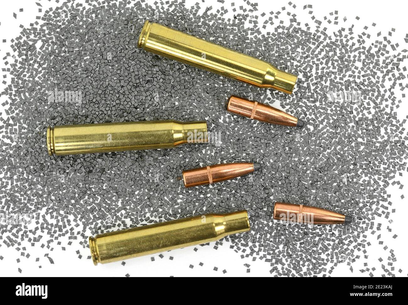 A rifle bullet, empty shell, gunpowder on white background. Hunting ...