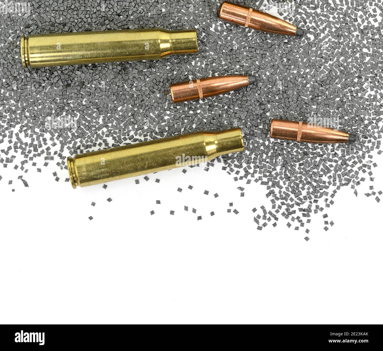A rifle bullet, empty shell, gunpowder on white background. Hunting ...