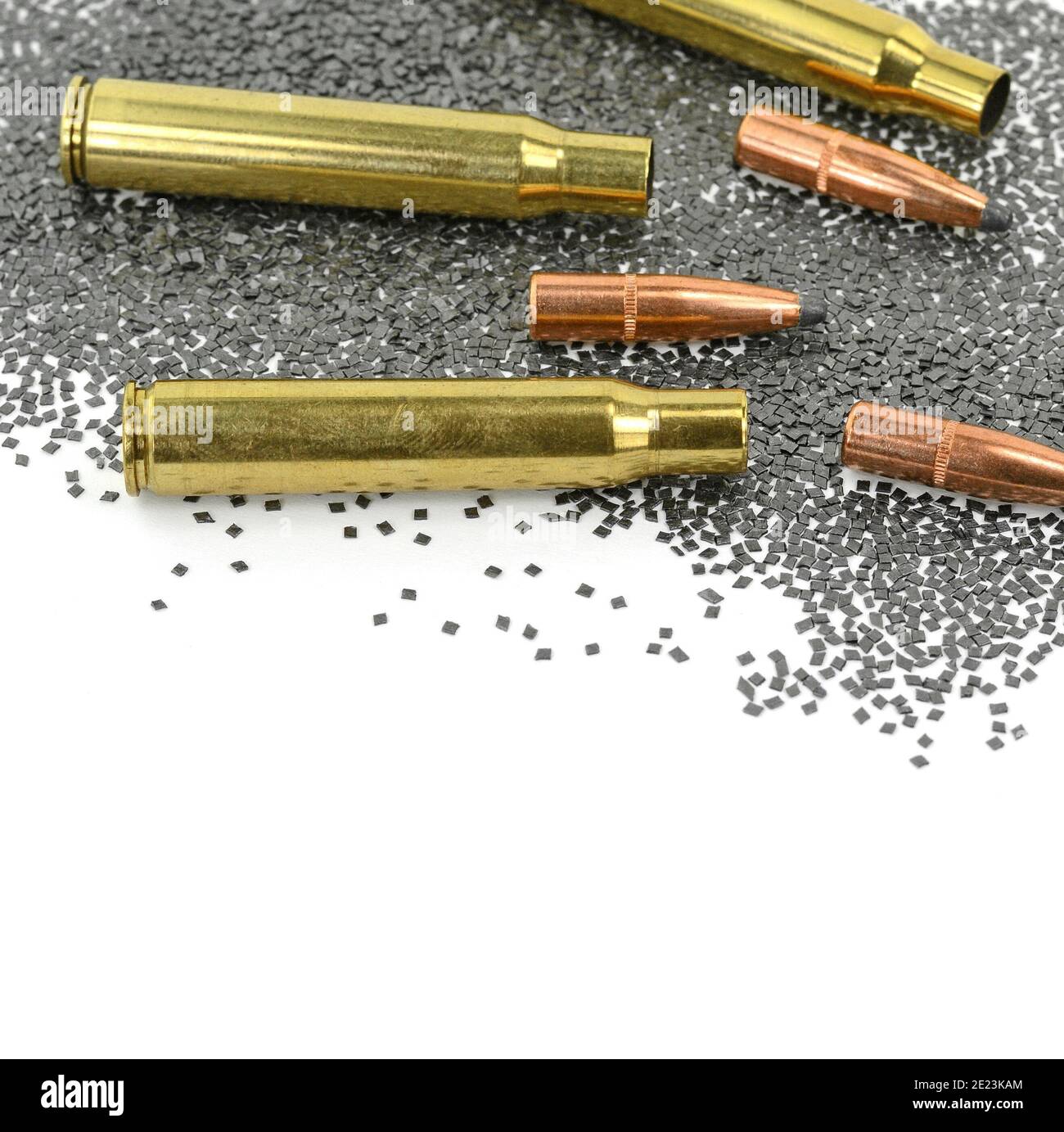 A rifle bullet, empty shell, gunpowder on white background. Hunting ...