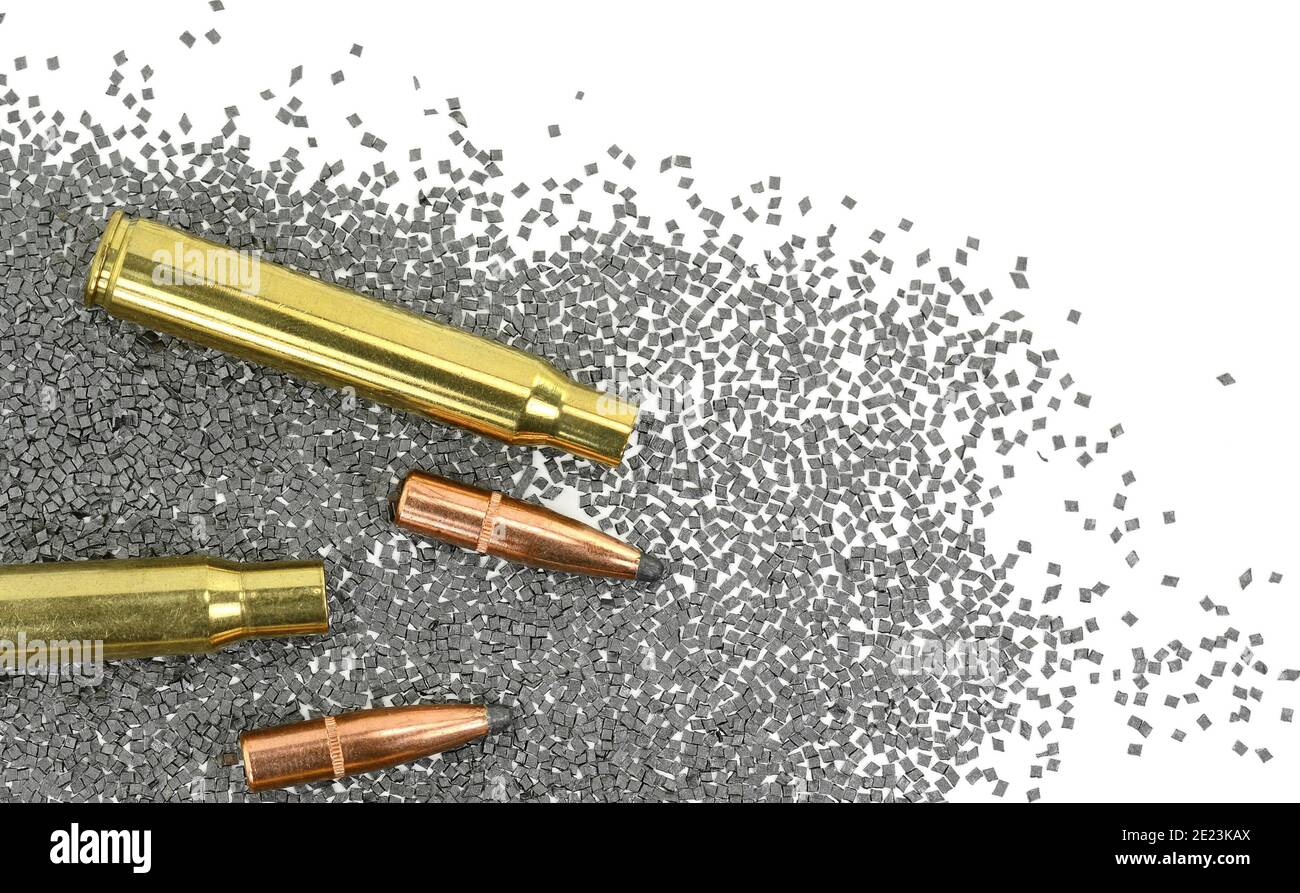 A rifle bullet, empty shell, gunpowder on white background. Hunting ...