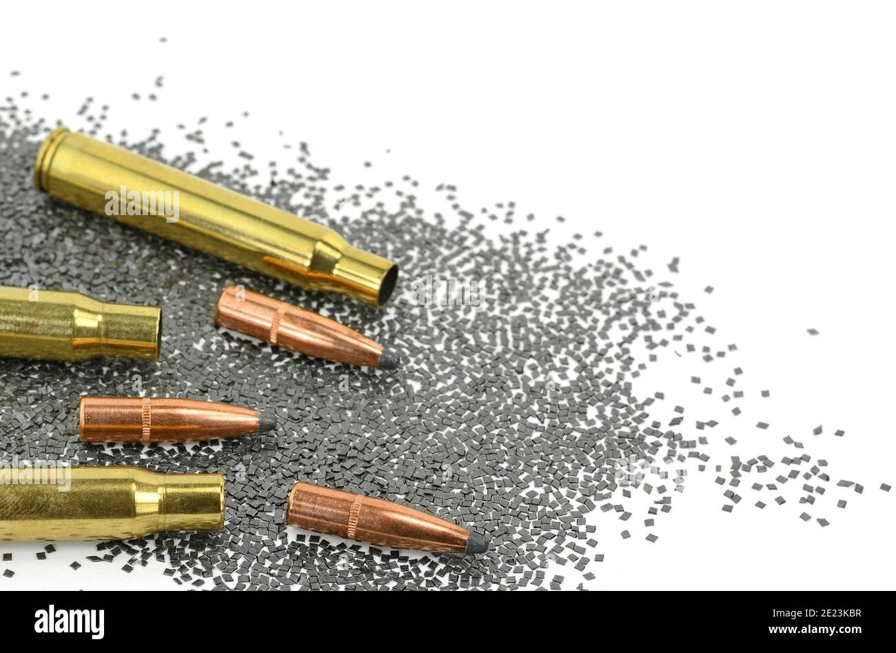 A rifle bullet, empty shell, gunpowder on white background. Hunting ...