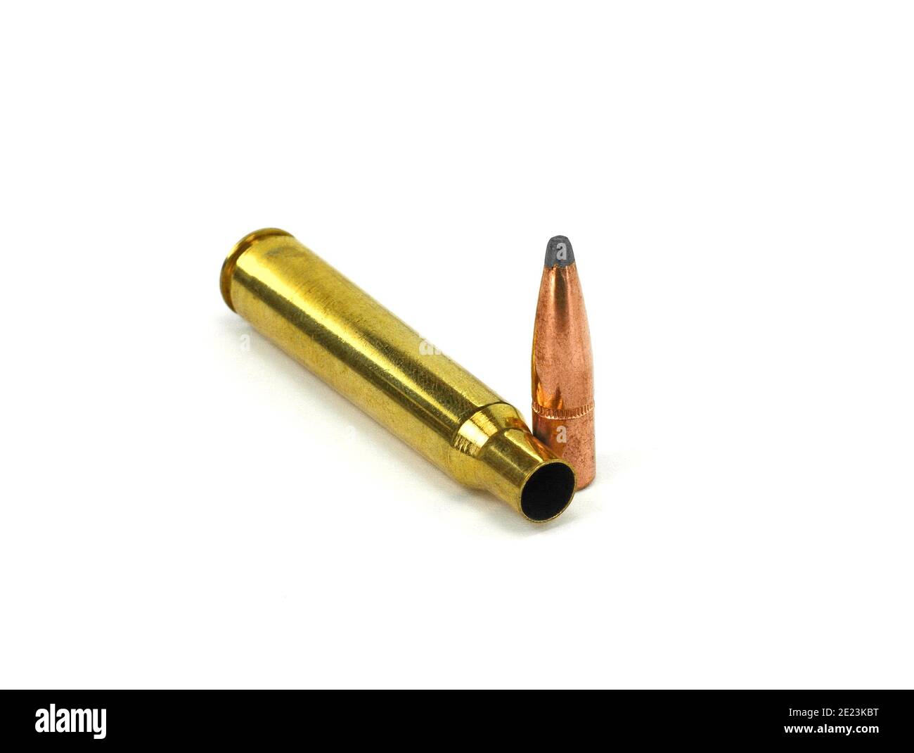 A rifle bullet, empty shell, gunpowder on white background. Hunting ...