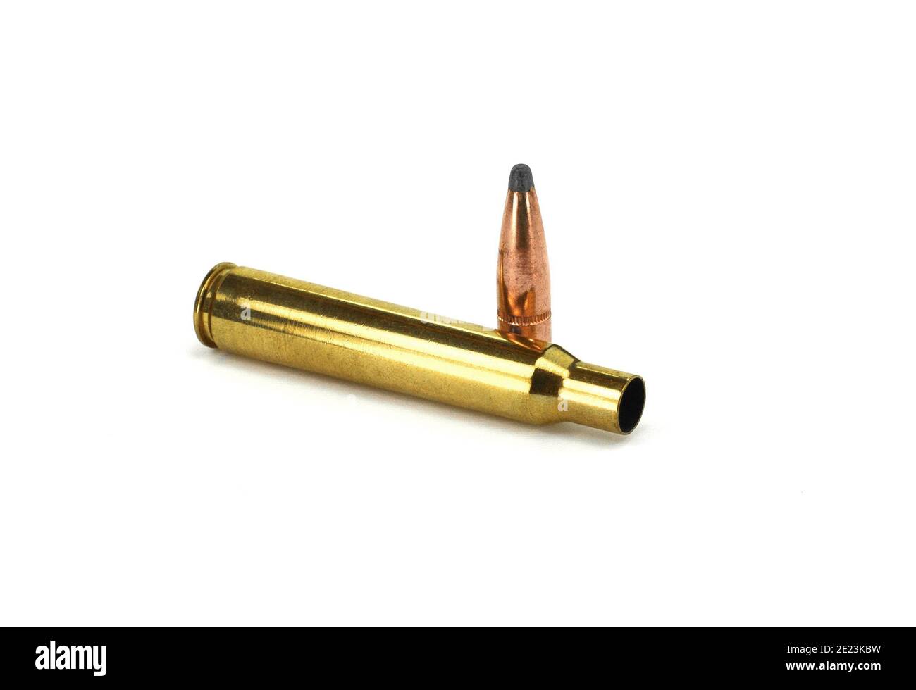 A rifle bullet, empty shell, gunpowder on white background. Hunting ...