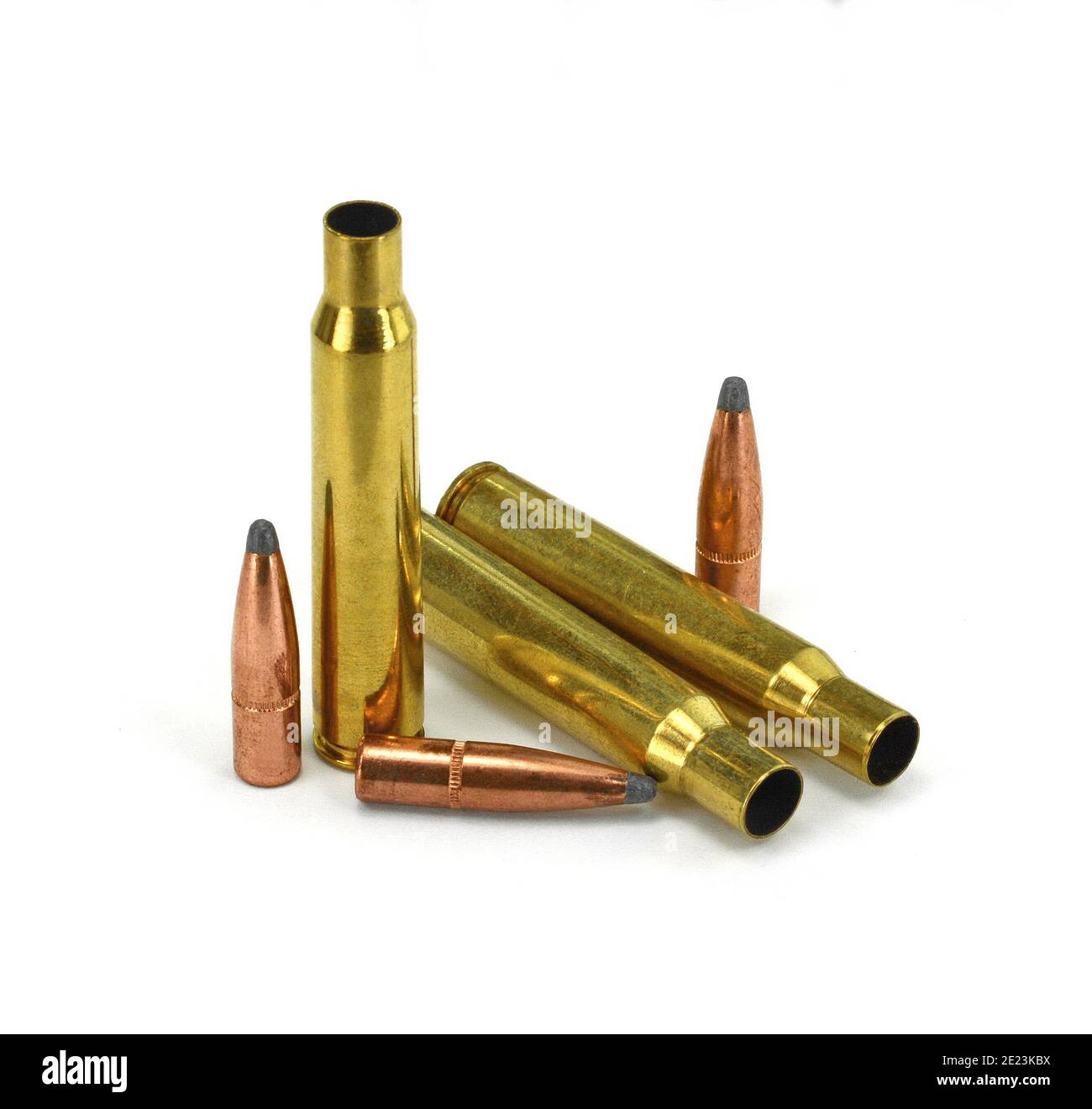 A rifle bullet, empty shell, gunpowder on white background. Hunting ...