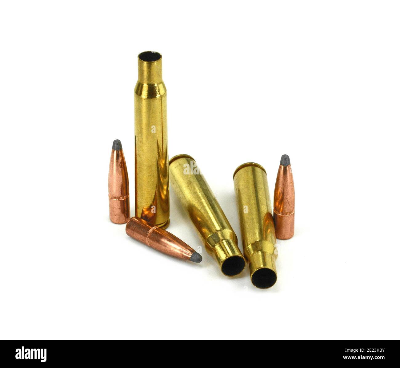 A rifle bullet, empty shell, gunpowder on white background. Hunting ...
