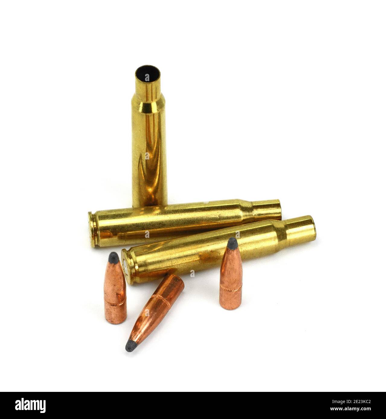 A rifle bullet, empty shell, gunpowder on white background. Hunting ...