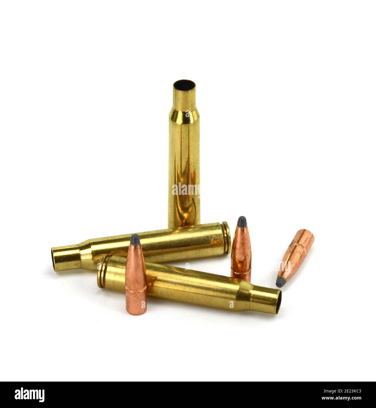 A rifle bullet, empty shell, gunpowder on white background. Hunting ...