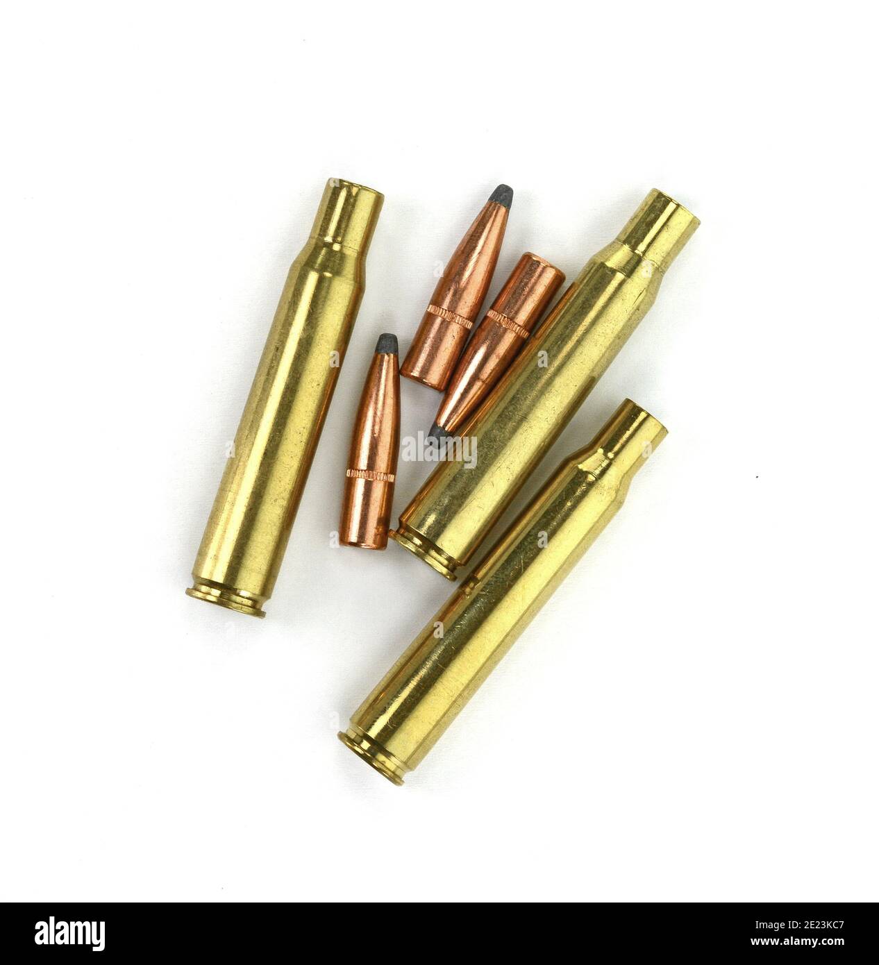 A rifle bullet, empty shell, gunpowder on white background. Hunting ...