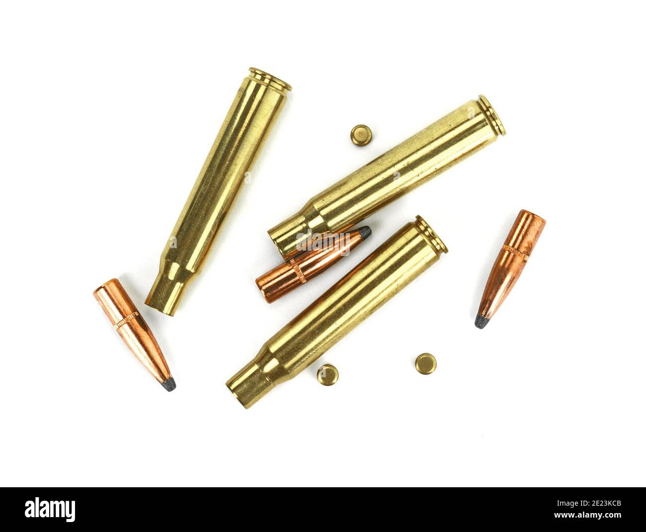 A rifle bullet, empty shell, gunpowder on white background. Hunting ...