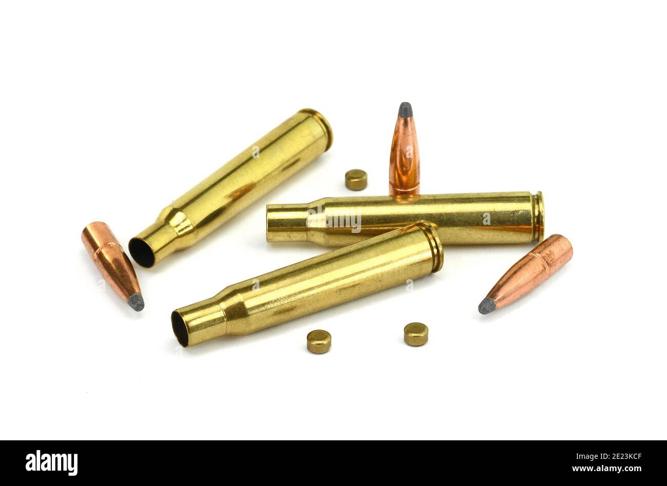 A rifle bullet, empty shell, gunpowder on white background. Hunting ...