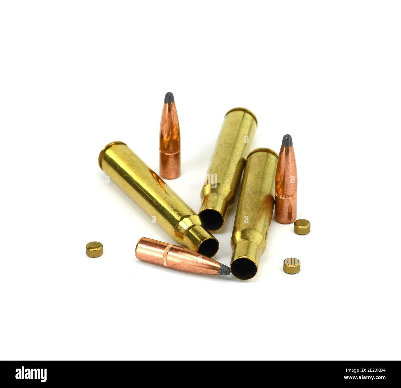 A rifle bullet, empty shell, gunpowder on white background. Hunting ...