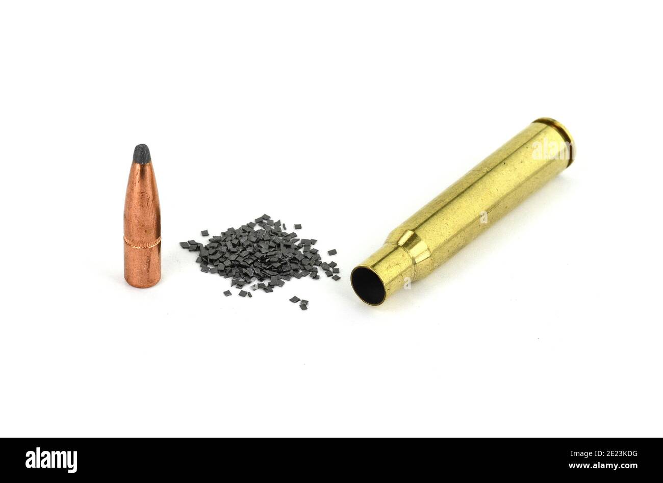 A rifle bullet, empty shell, gunpowder on white background. Hunting ...