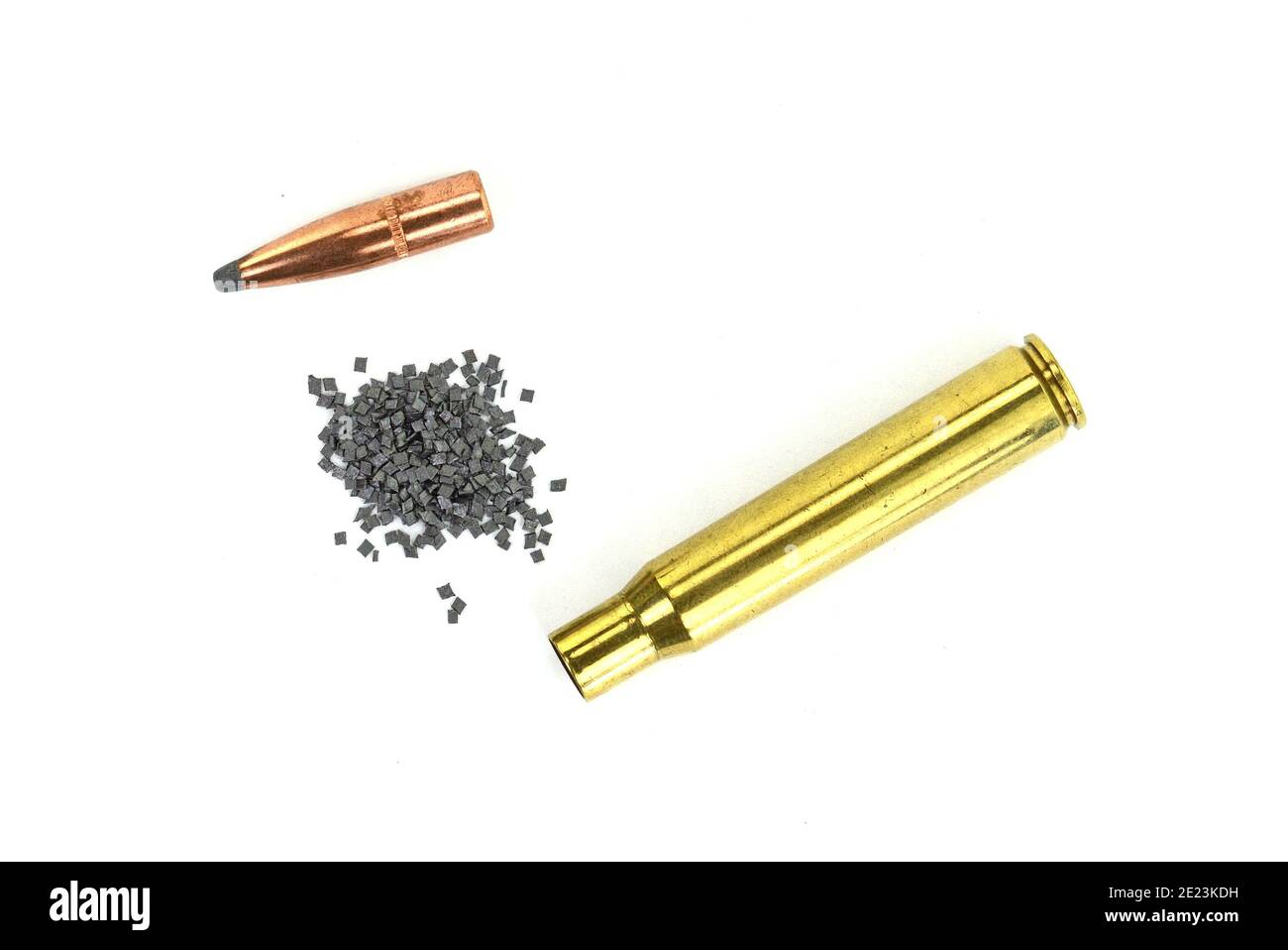 A rifle bullet, empty shell, gunpowder on white background. Hunting ...