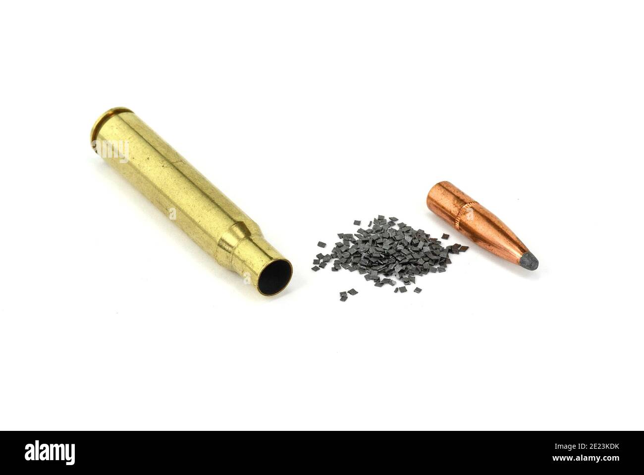 A rifle bullet, empty shell, gunpowder on white background. Hunting ...