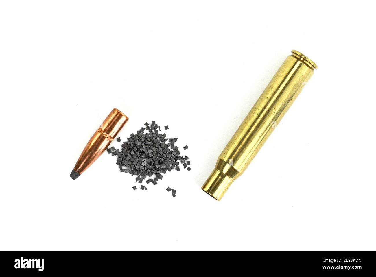 A rifle bullet, empty shell, gunpowder on white background. Hunting ...