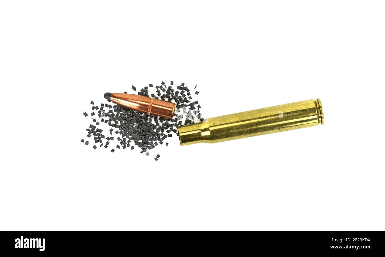 A rifle bullet, empty shell, gunpowder on white background. Hunting ...