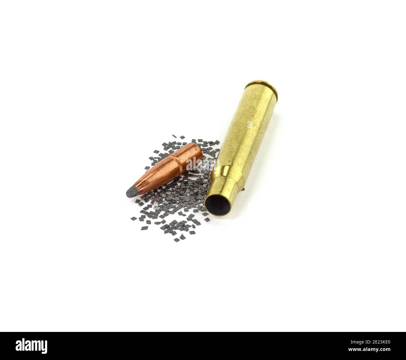 A rifle bullet, empty shell, gunpowder on white background. Hunting ...