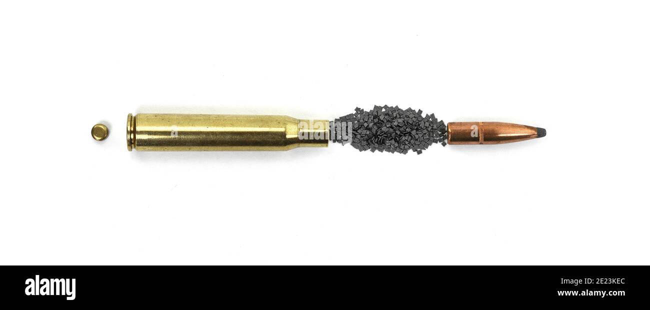 A rifle bullet, empty shell, gunpowder on white background. Hunting ...