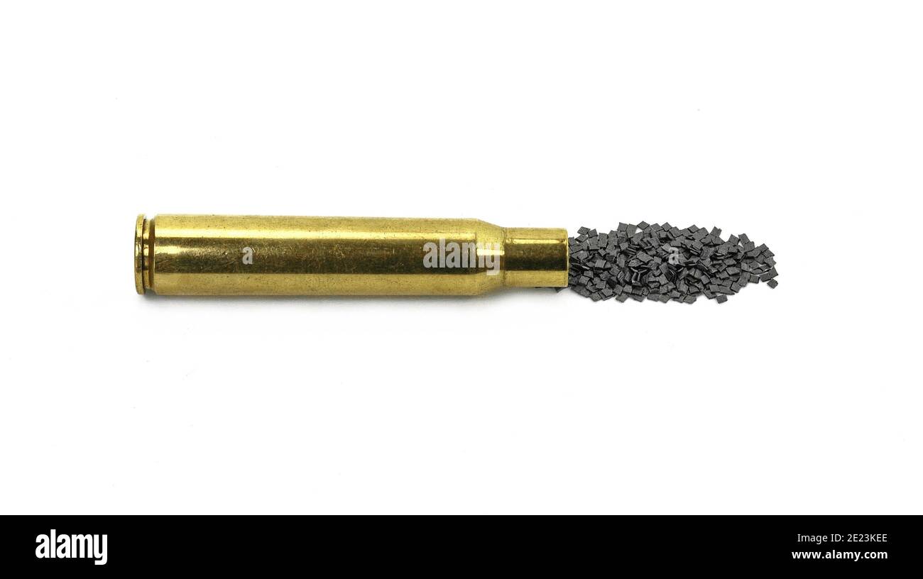 A rifle bullet, empty shell, gunpowder on white background. Hunting ...