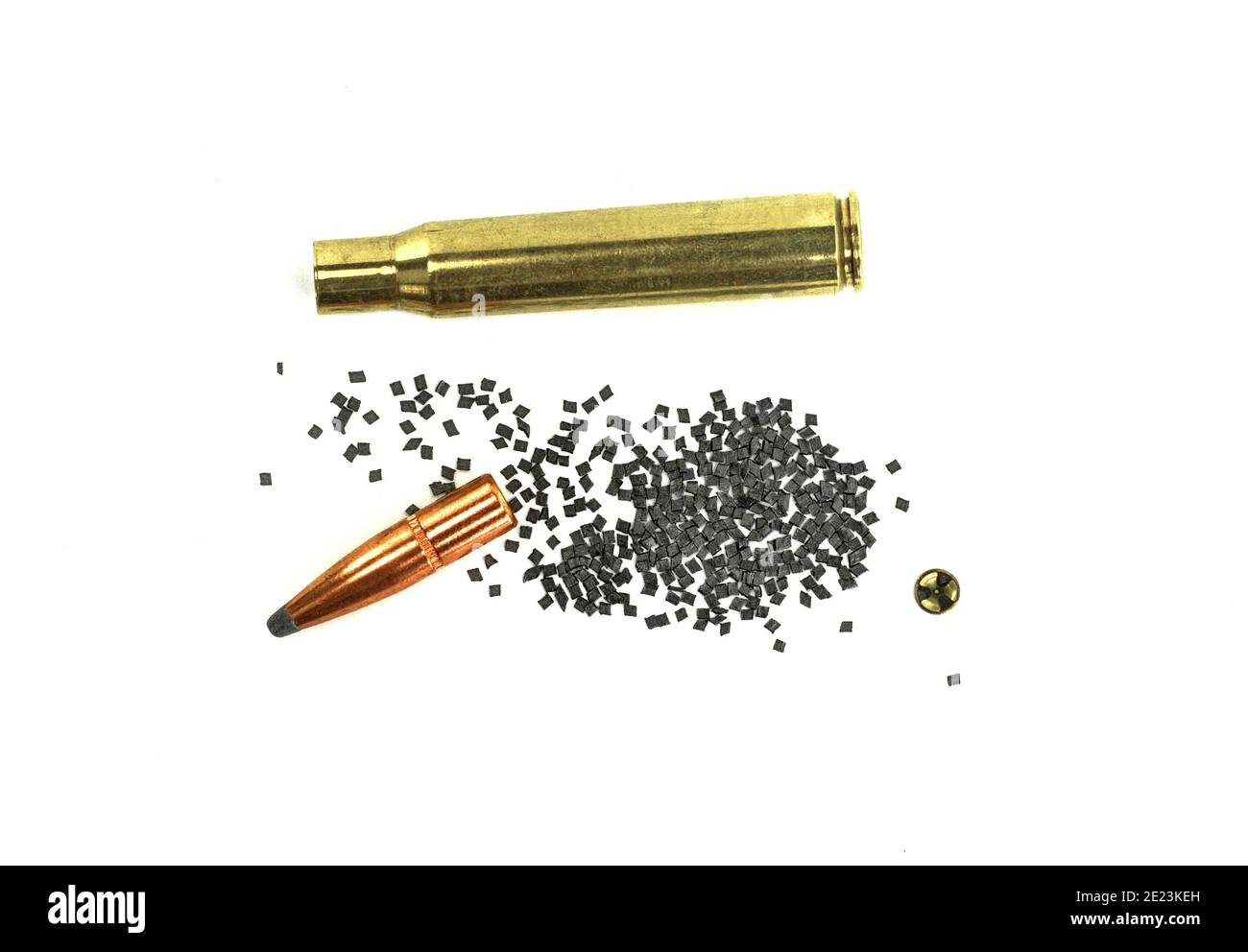 A rifle bullet, empty shell, gunpowder on white background. Hunting ...