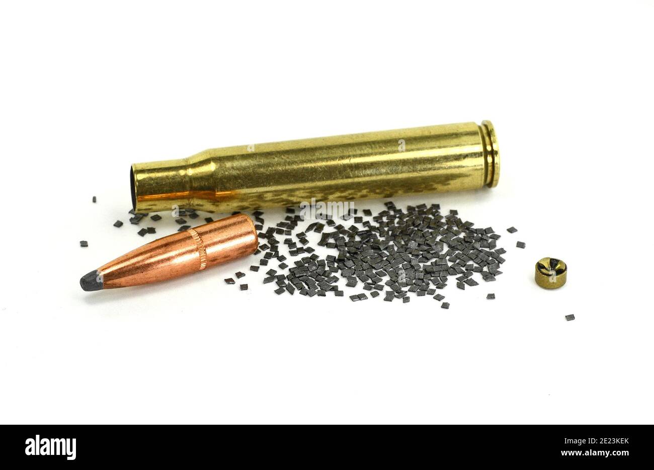 A rifle bullet, empty shell, gunpowder on white background. Hunting ...