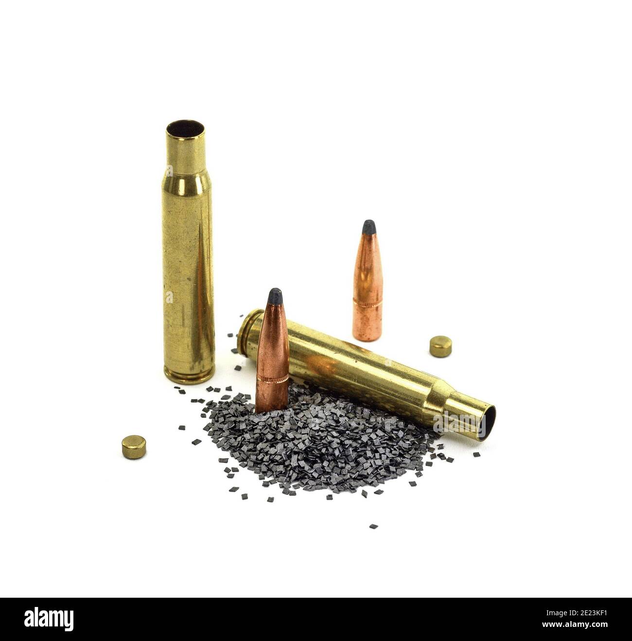 A rifle bullet, empty shell, gunpowder on white background. Hunting ...