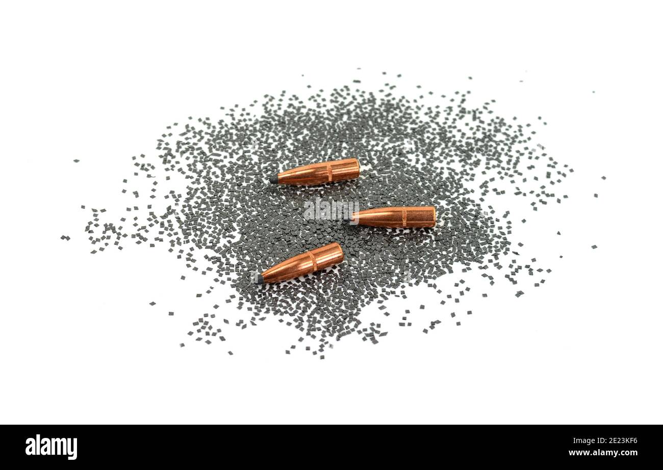 A rifle bullet, empty shell, gunpowder on white background. Hunting ...