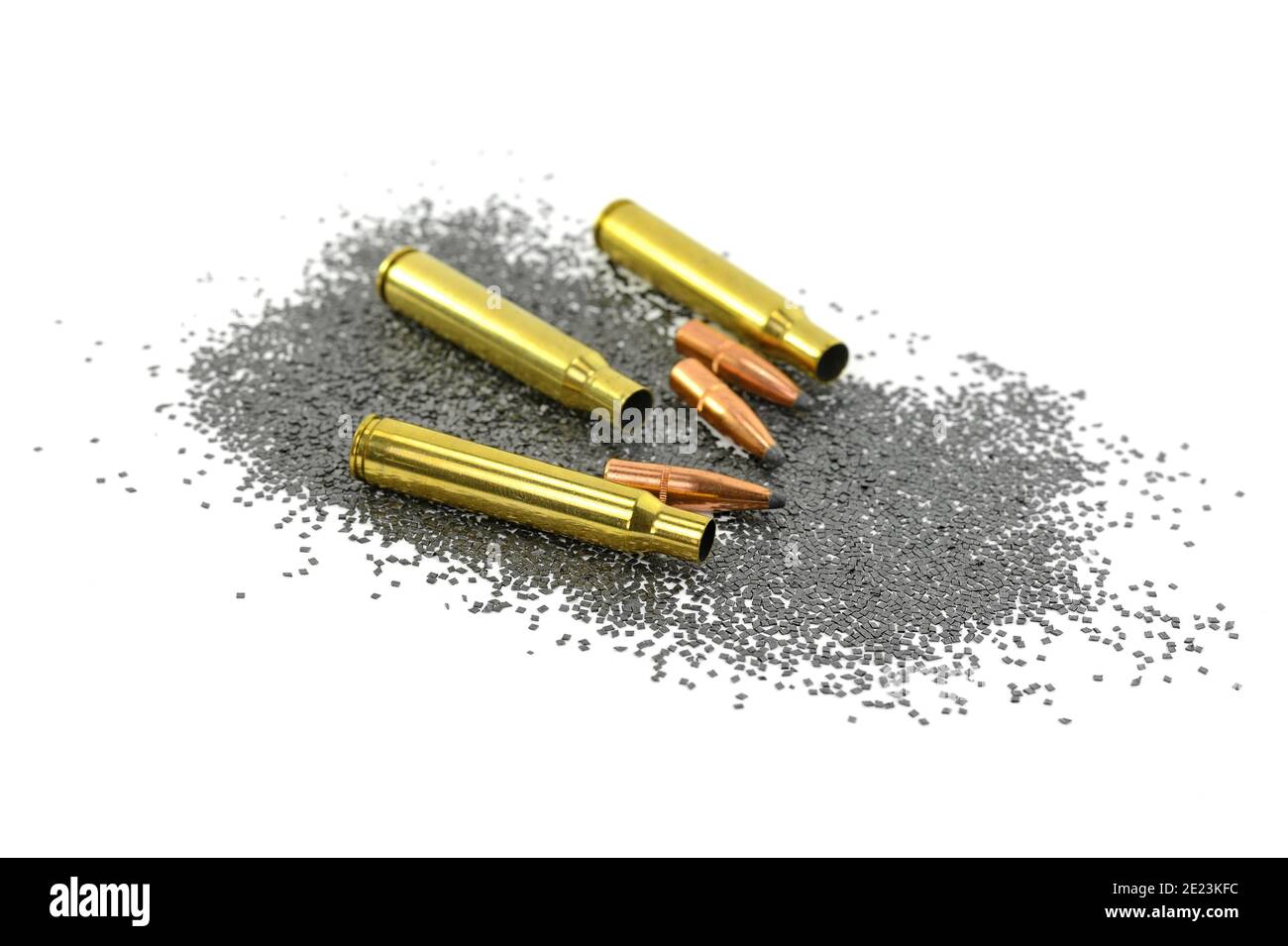 A rifle bullet, empty shell, gunpowder on white background. Hunting ...