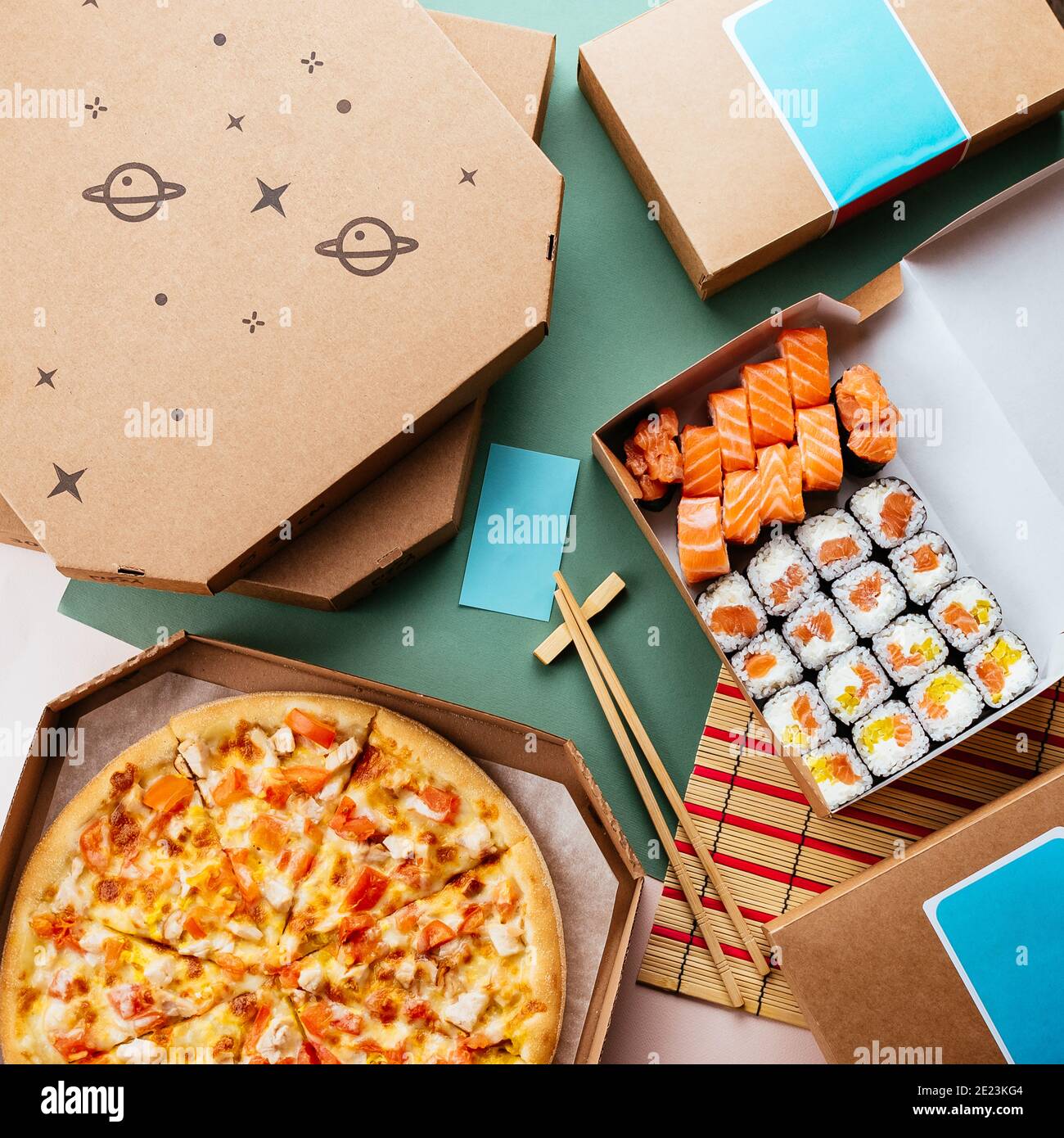 Set of delivery food. pizza sushi rolls Stock Photo - Alamy