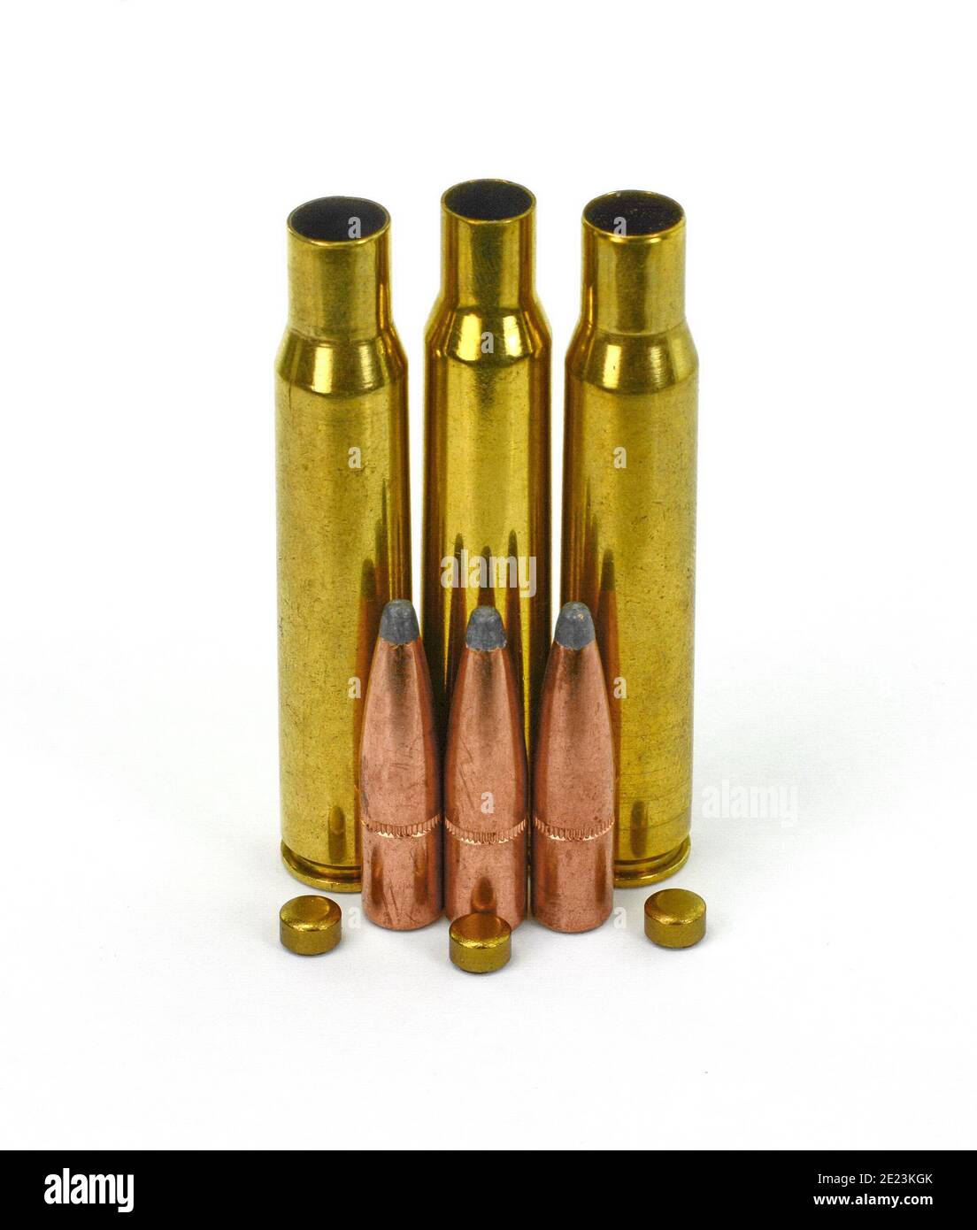 A rifle bullet, empty shell, gunpowder on white background. Hunting ...