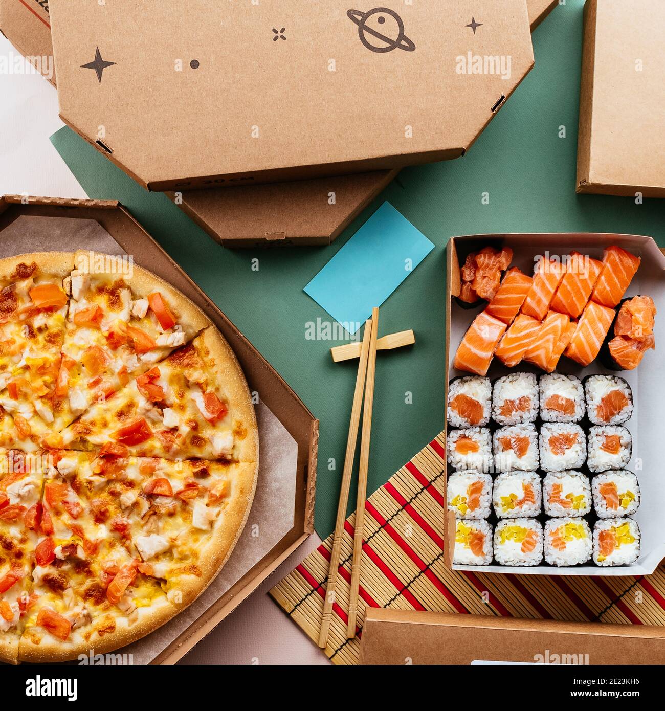 Set of delivery food. pizza sushi rolls Stock Photo - Alamy