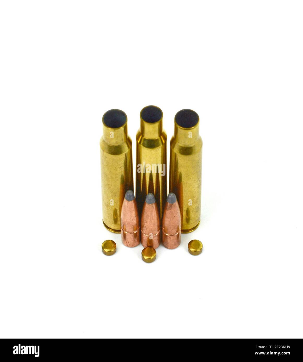 A rifle bullet, empty shell, gunpowder on white background. Hunting ...
